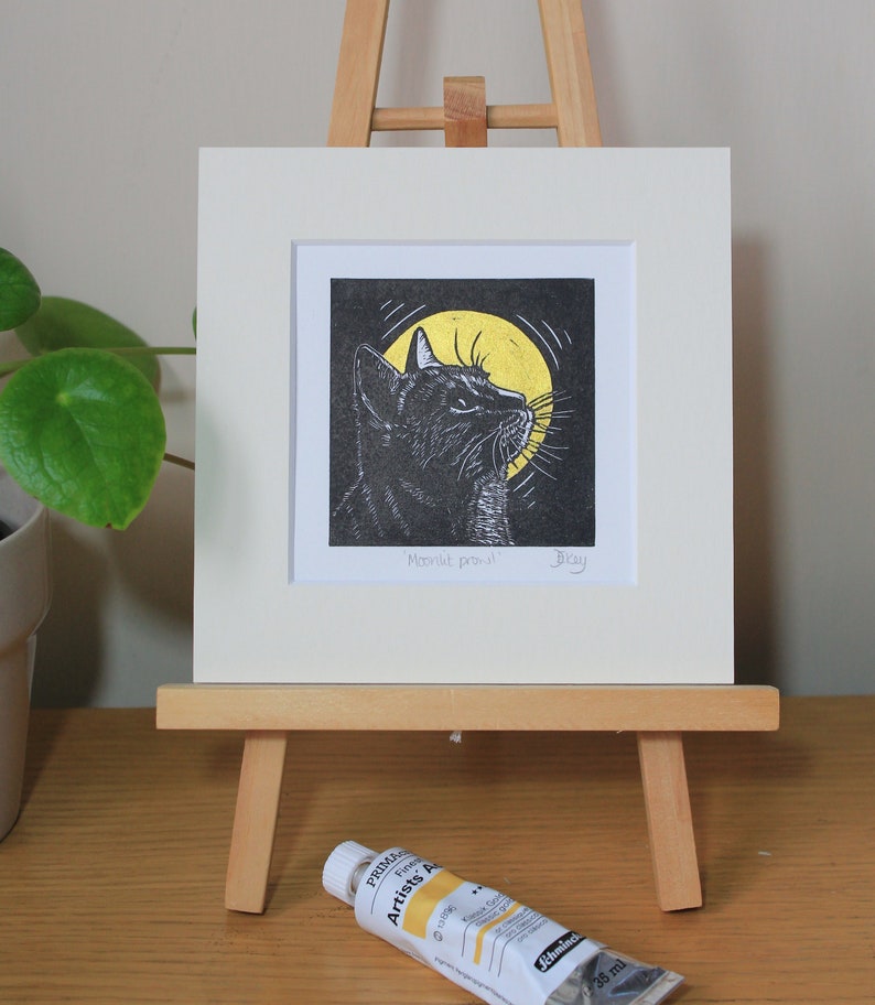 Moonlit Prowl Cat and Moon Original Hand Coloured Mounted - Etsy UK