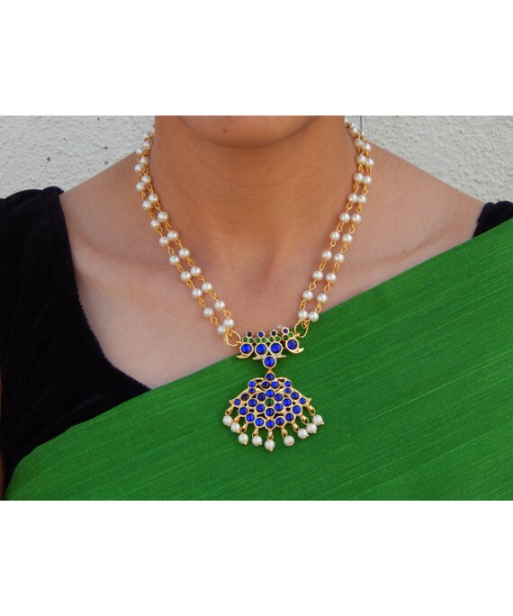 High quality Blue and Green Kemp Pendant Mango Motifs 2 Layer Handmade Pearl Chain Designer Necklace Bollywood Jewelry Indian Jewelry