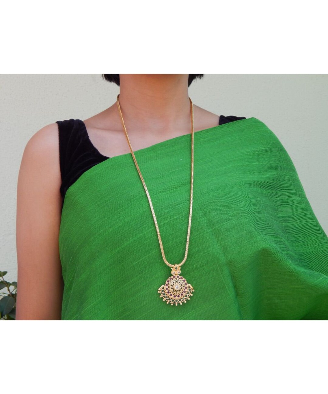 Pink, Green and White AD Stones Locket Gold Plated Long Chain Necklace ...