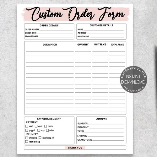 Order Form Template Editable INSTANT DOWNLOAD Printable - Etsy