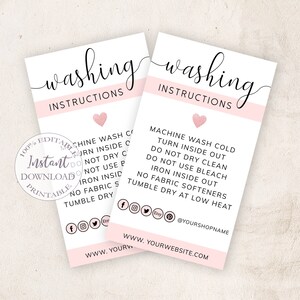 Washing Instructions Card Editable, Printable Small Business Forms ...