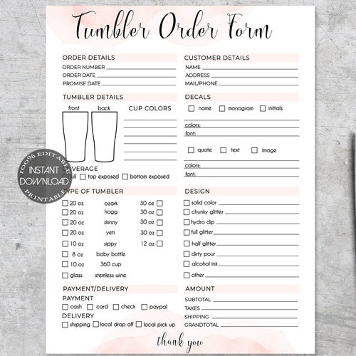 Editable Tumbler Order Form Template Custom Tumbler Form - Etsy