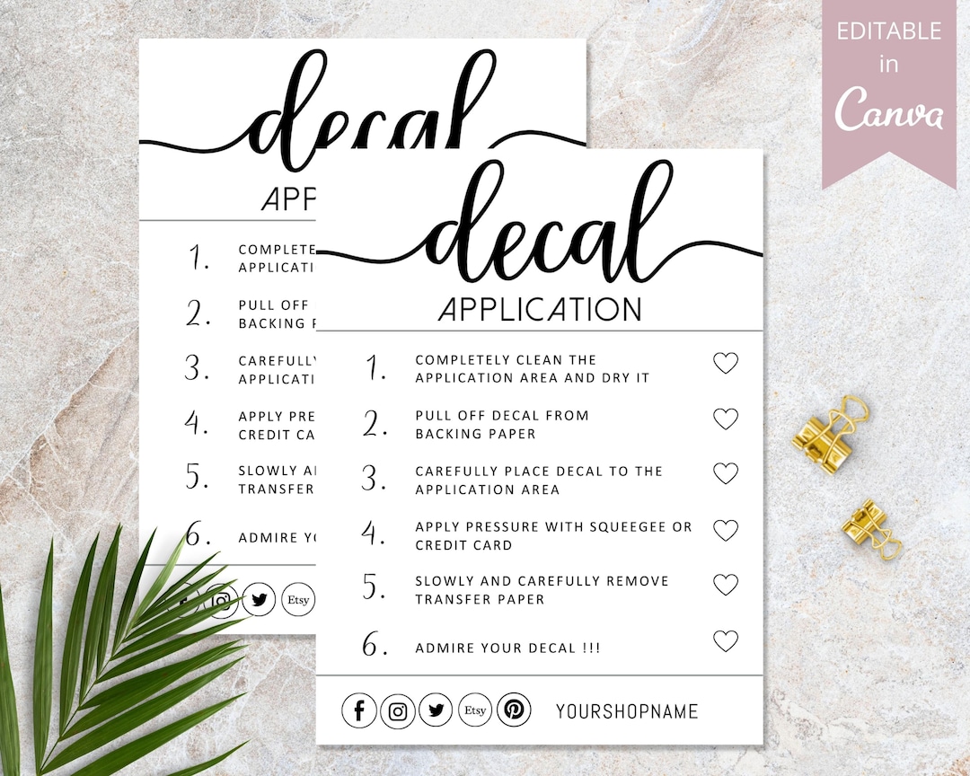 Decal Instructions Template, Printable Decal Application Care Card ...