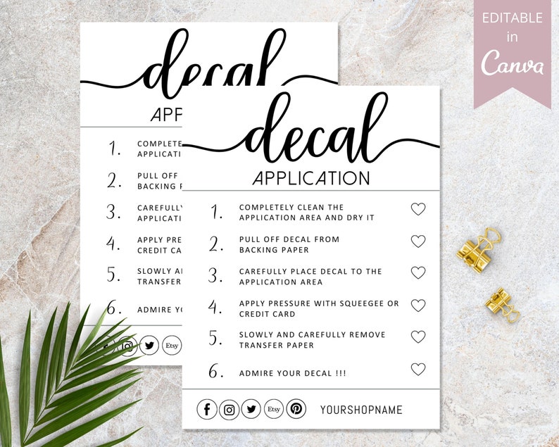 Decal Instructions Template Printable Decal Application Care - Etsy