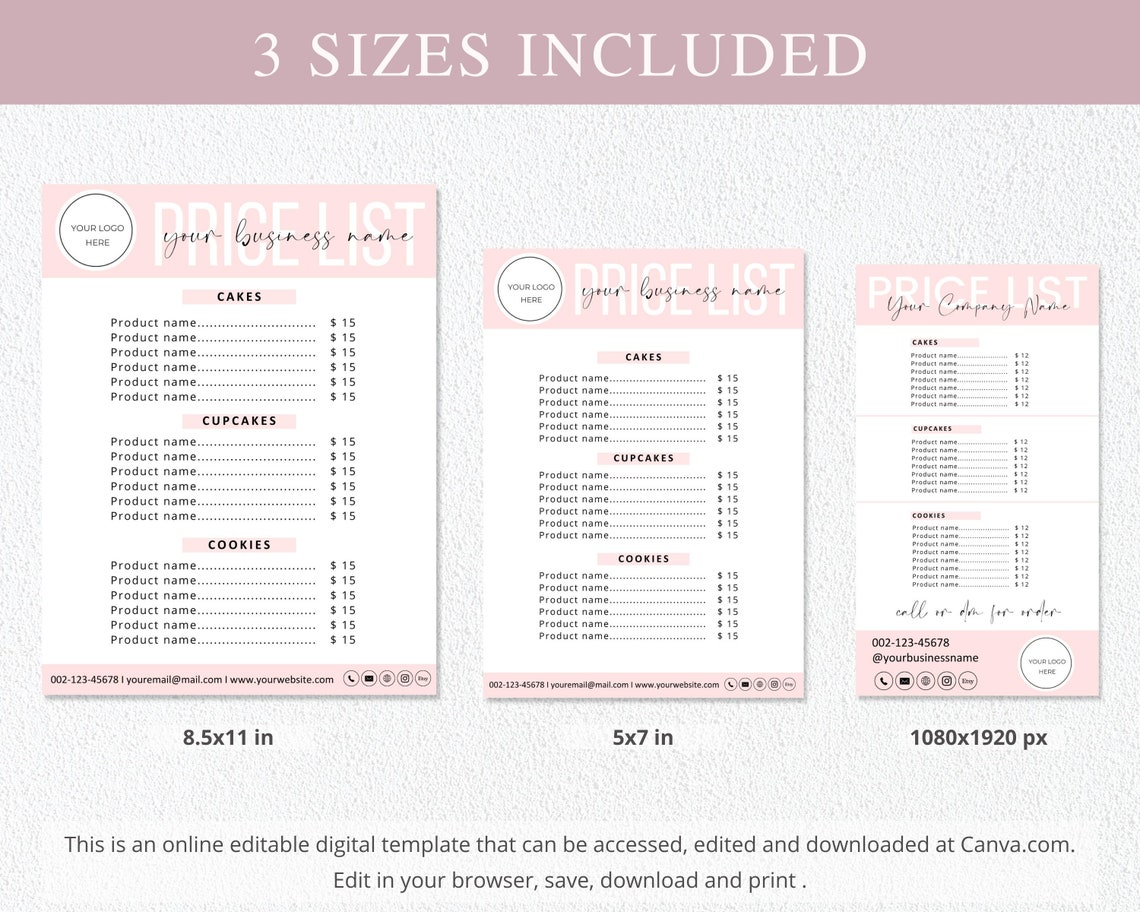 Cake Price List Template, Canva Editable Cupcakes Price List, Cookies ...