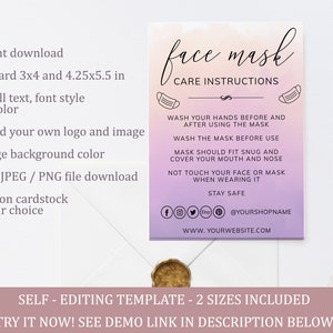 Face Mask Care Cards Printable, Editable Face Mask Instructions, Face ...
