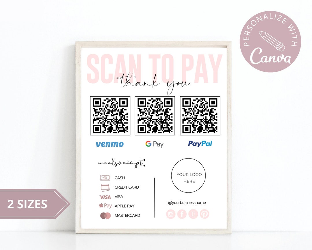 Scan to Pay Sign | Editable QR Code Sign for Venmo, Paypal, Google Pay ...