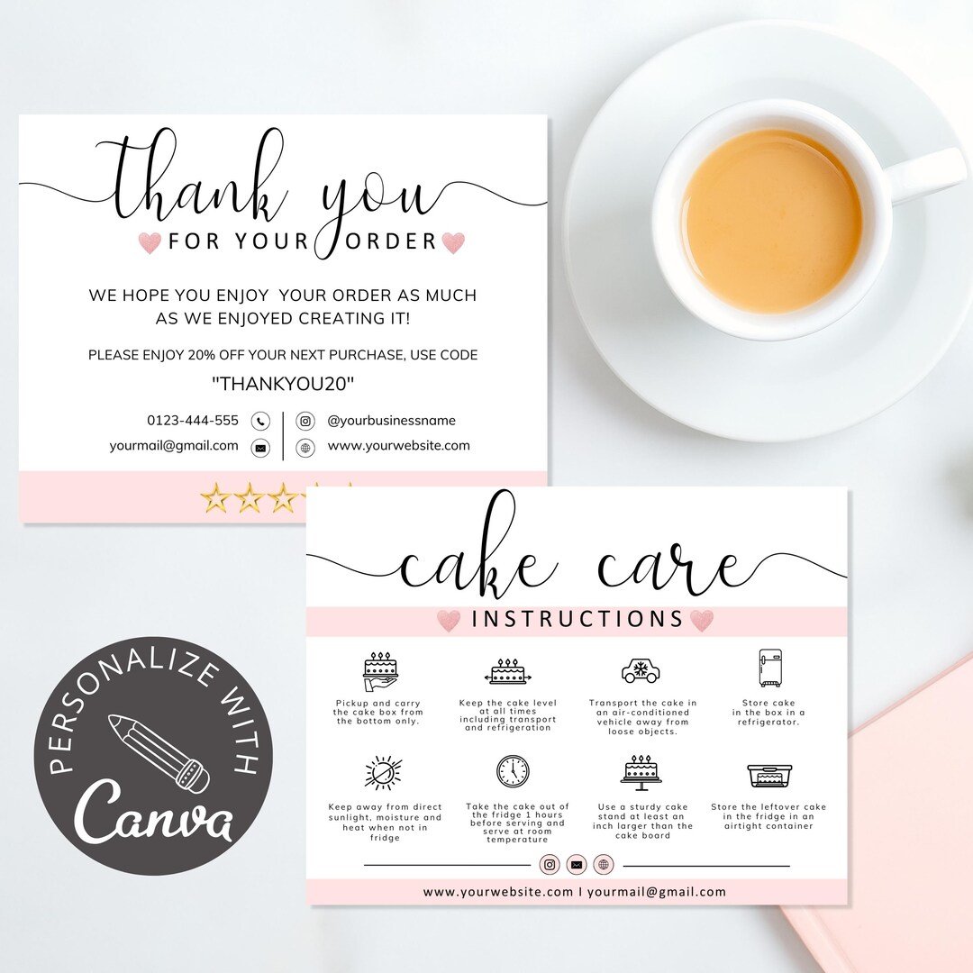 Cake Care Card Template I Canva Template I Cake Thank You Card for ...