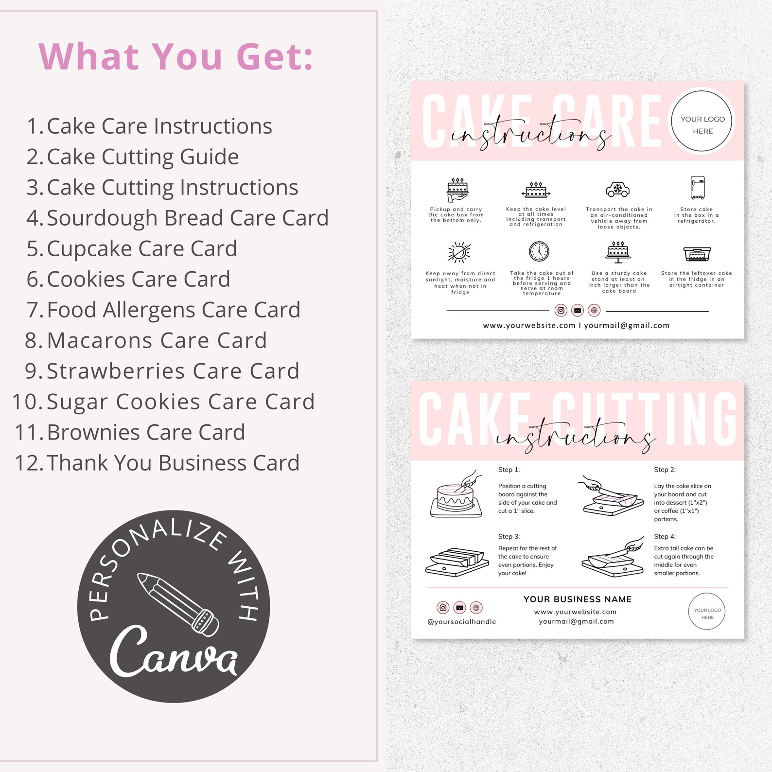 12 Bakery Care Card Bundle I Canva Template With Cake Cutting Guide ...