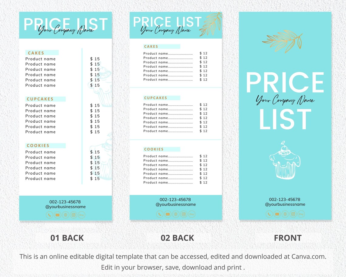 Teal Cake Price List Template Canva Editable Bakery Price - Etsy
