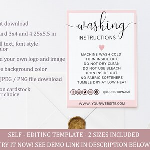 Washing Care Card Printable, Washing Instructions Card Editable, Tshirt ...