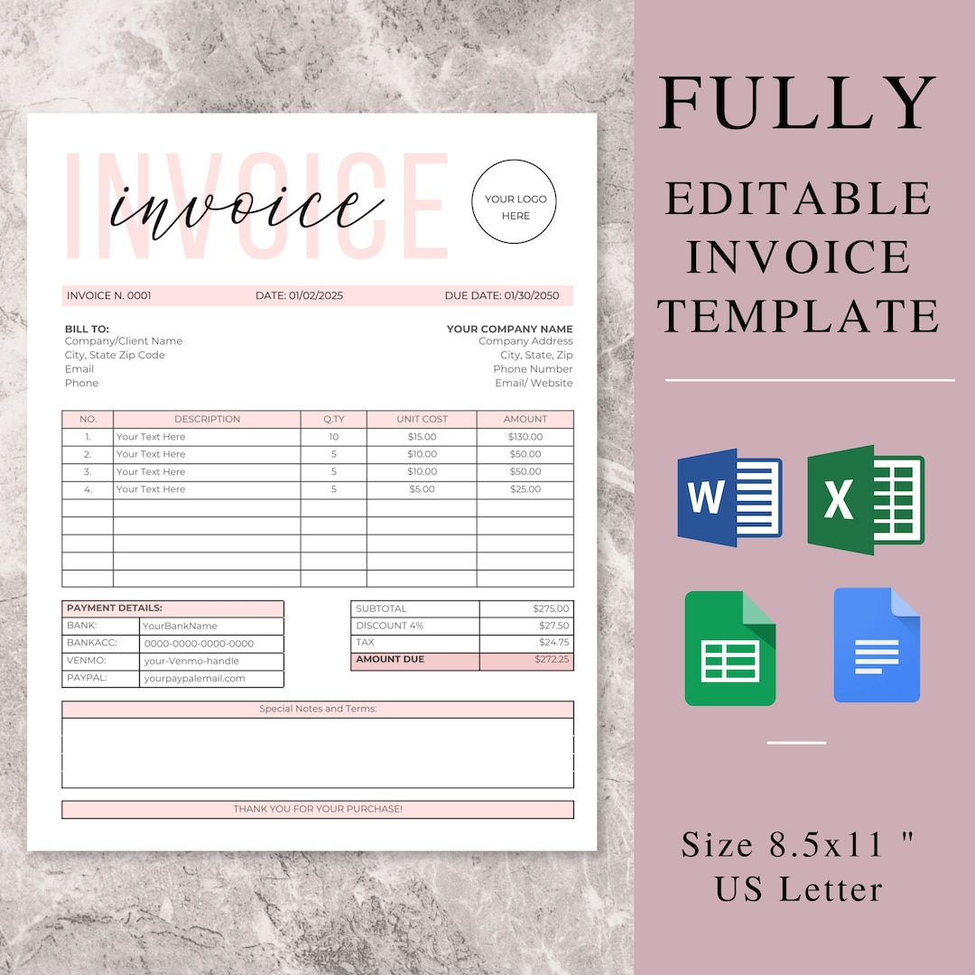 Editable Invoice Template for Google Docs, MC Word Invoice Template for ...