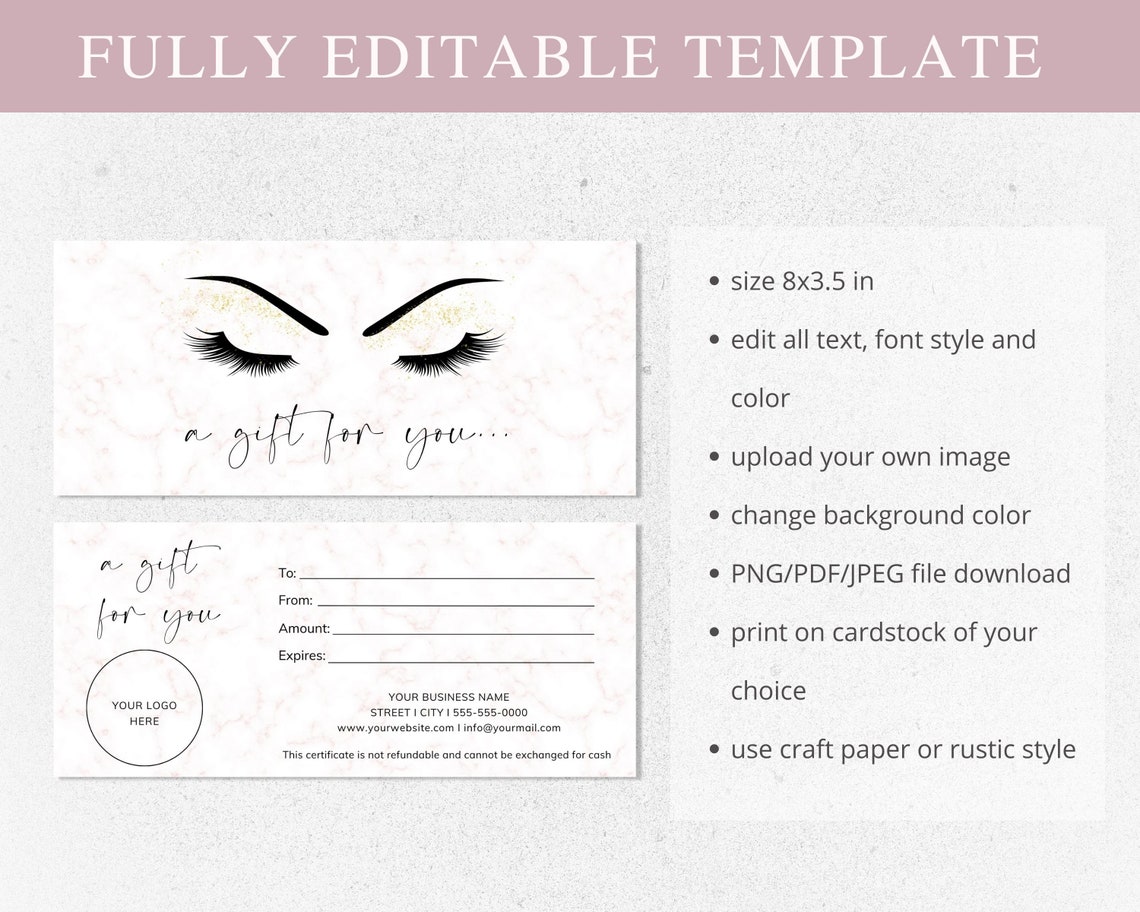 Gift Certificate Template, Lash Gift Card Printable, Custom Gift Cards ...