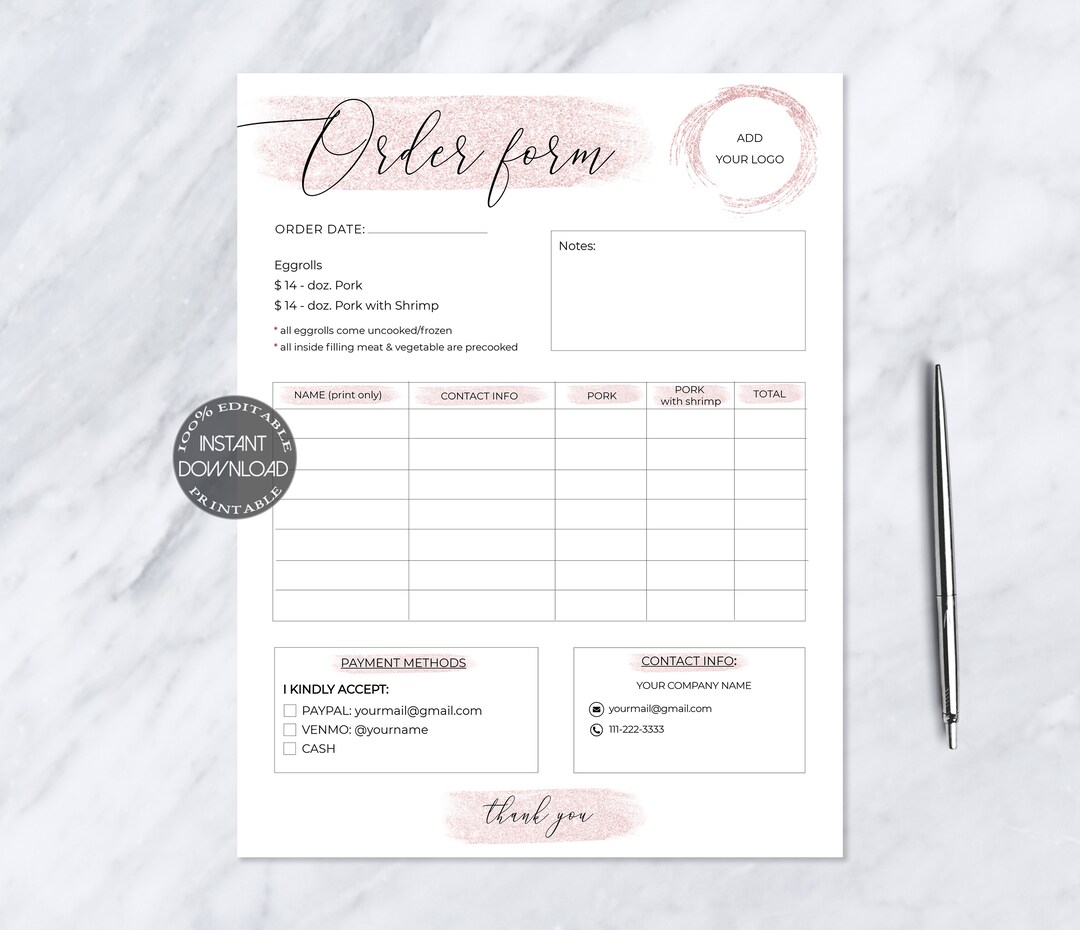 Editable Order Form, Printable Small Business Forms, Etsy Order Form ...