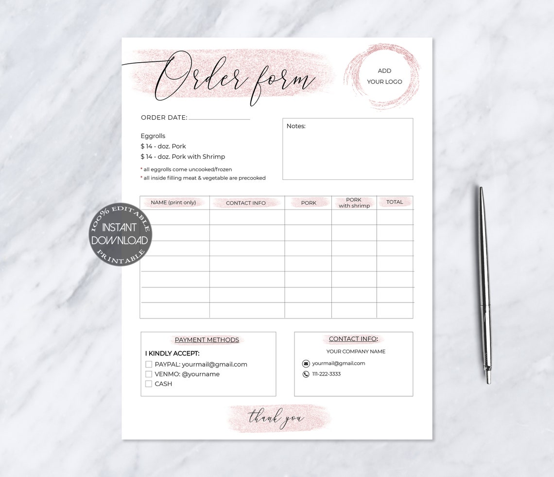 Editable Order Form Printable Small Business Forms Etsy | Etsy