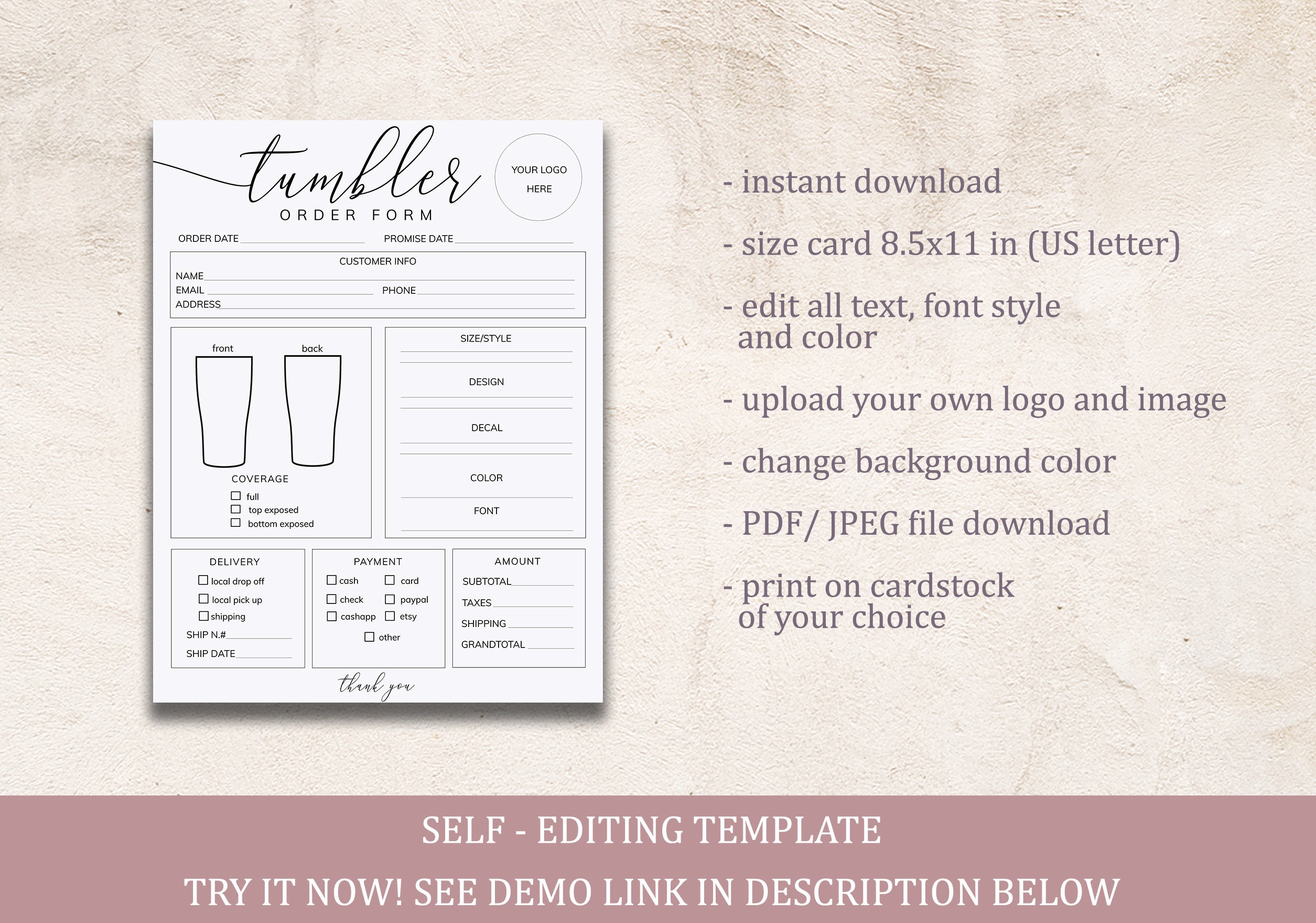 Tumbler Order Form Editable Custom Order Form Template - Etsy Tumbler Order Form Editable Custom Order Form Template - Etsy