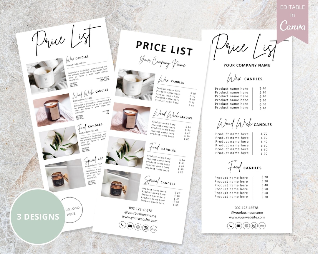 Candle Price List Template, Canva Editable Bakery Price List, Spa Price ...