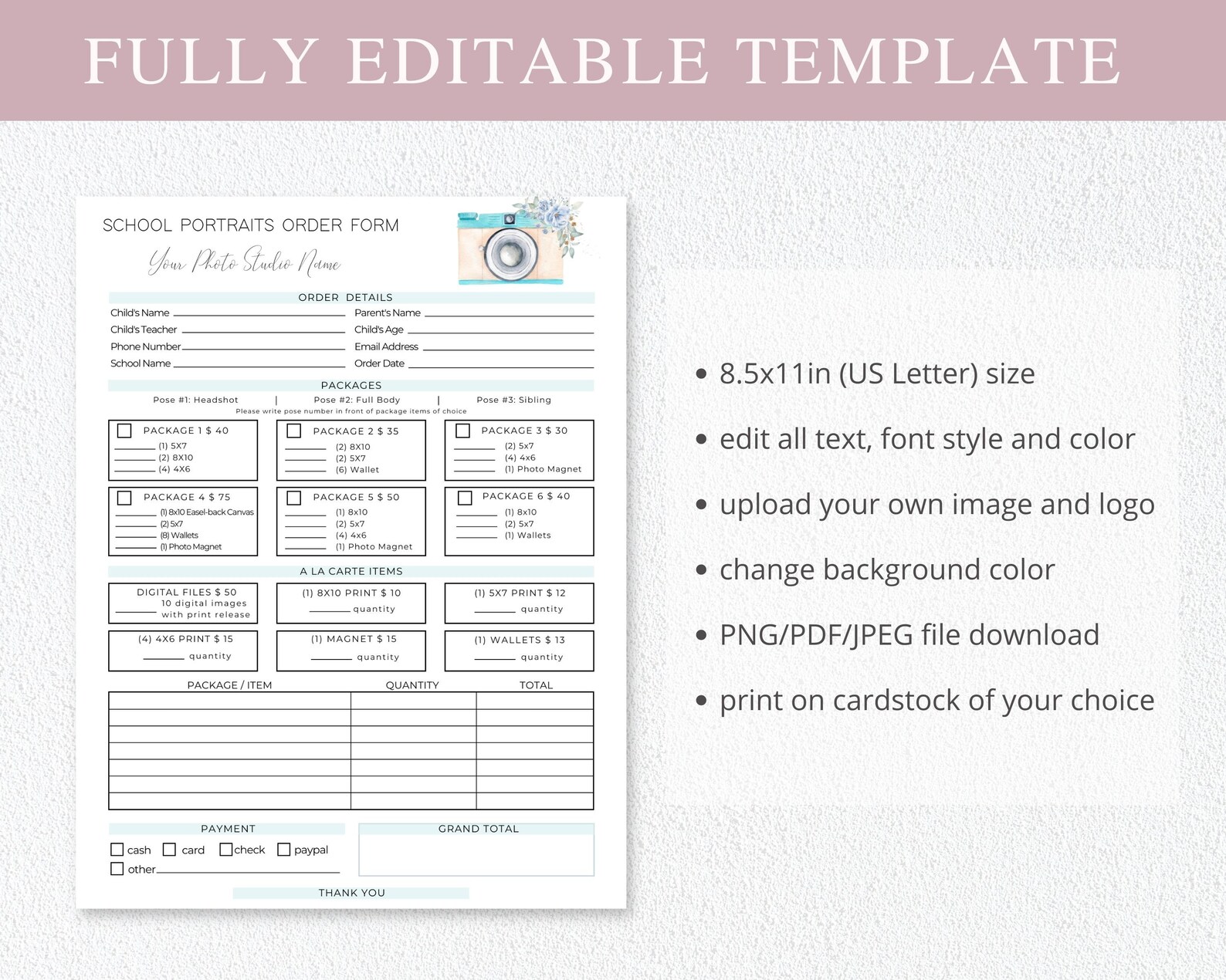 School Photography Order Form Template | Preschool Photos Printable ...