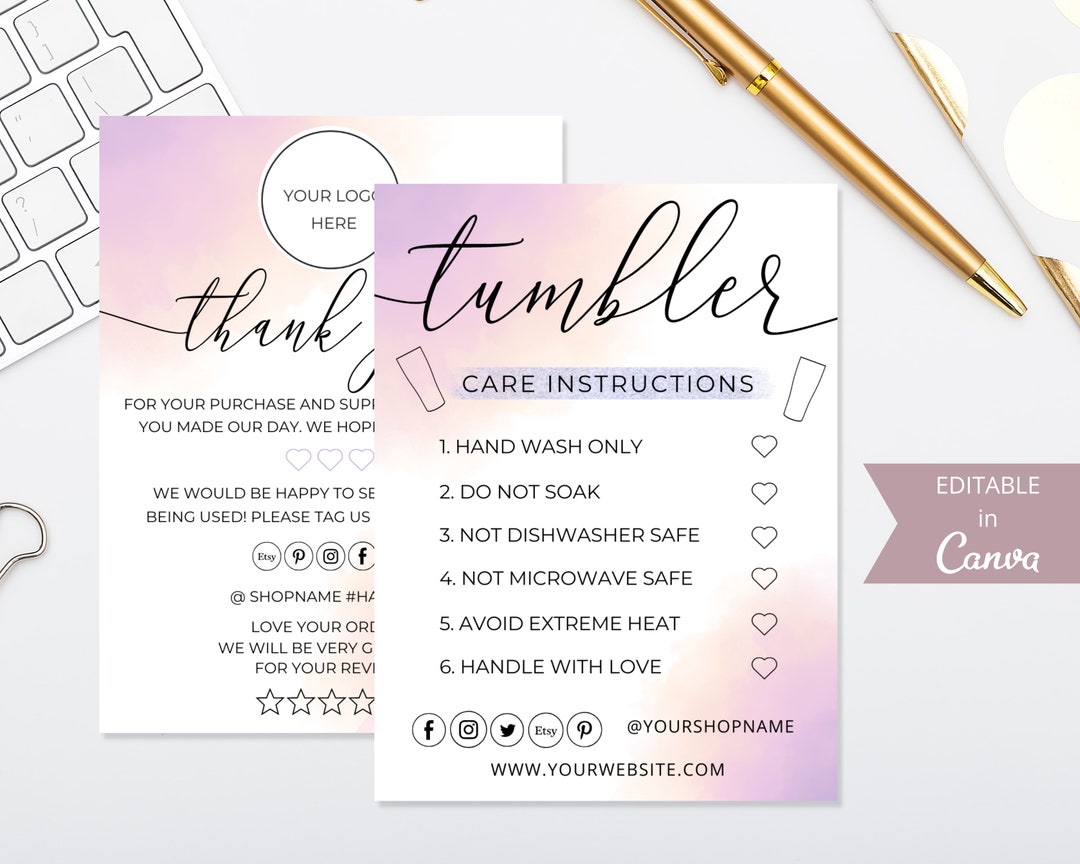 Tumbler Care Cards Template, Canva Editable Care Instructions ...