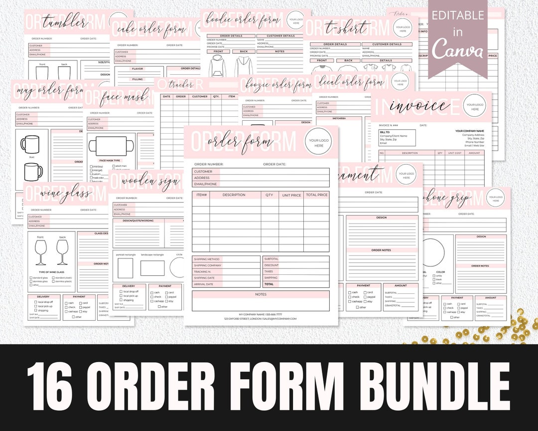 16 Order Forms Bundle, Invoice Tumbler Shirt Cake Order Form, Printable ...