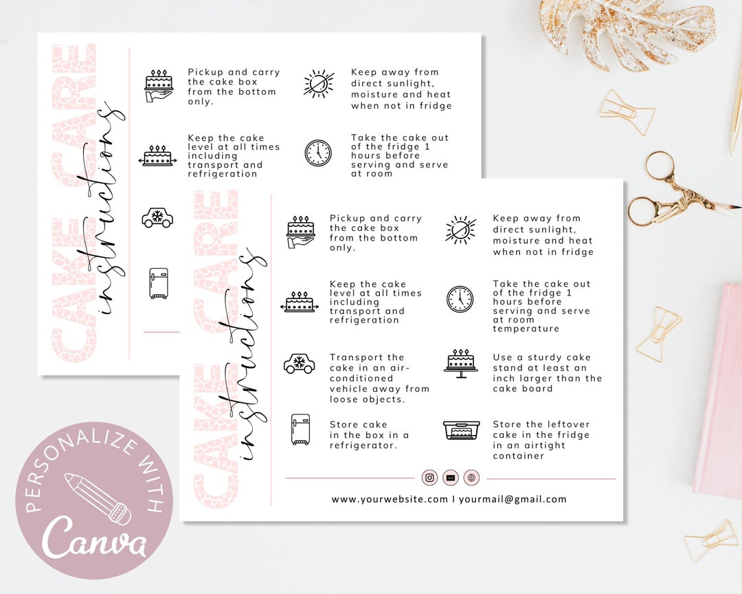 Cake Care Card Template, Canva Editable Wedding Cake Care Cards ...