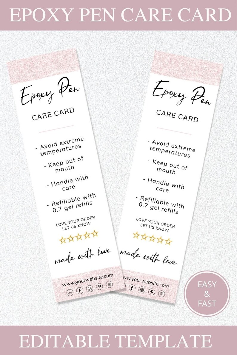 Editable Epoxy Pen Care Card Template Printable Pens Care - Etsy