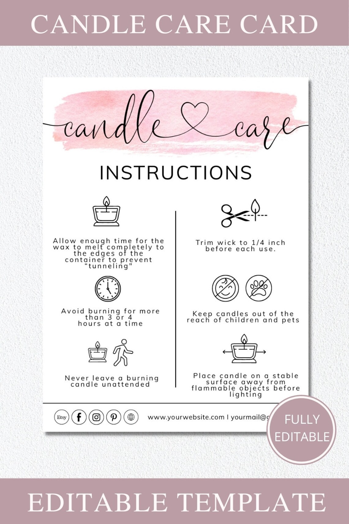 Candle Care Card Editable Template Printable Candle | Etsy