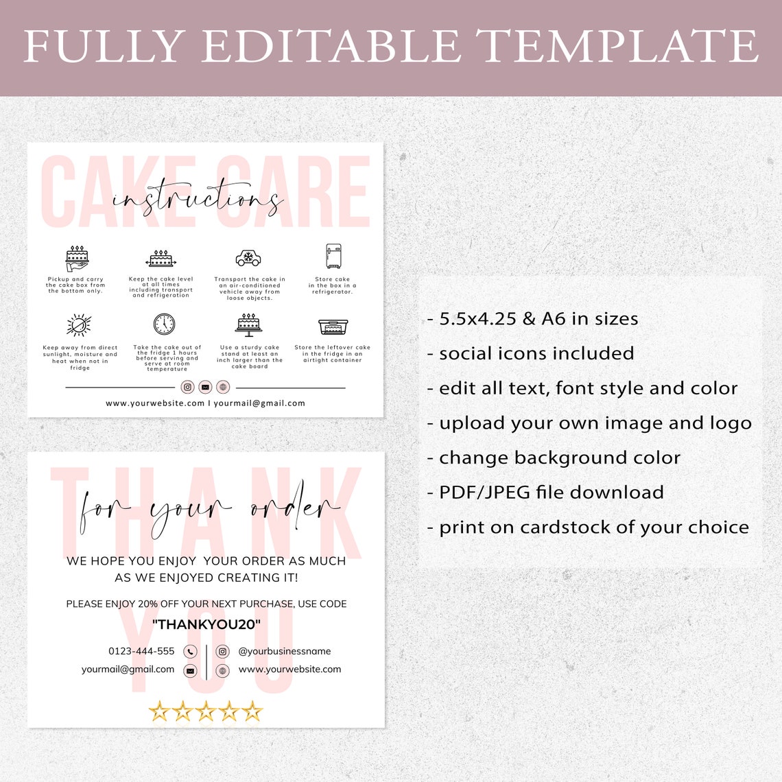 Cake Cutting Guide Card I Editable Canva Template I Cake Care Card ...