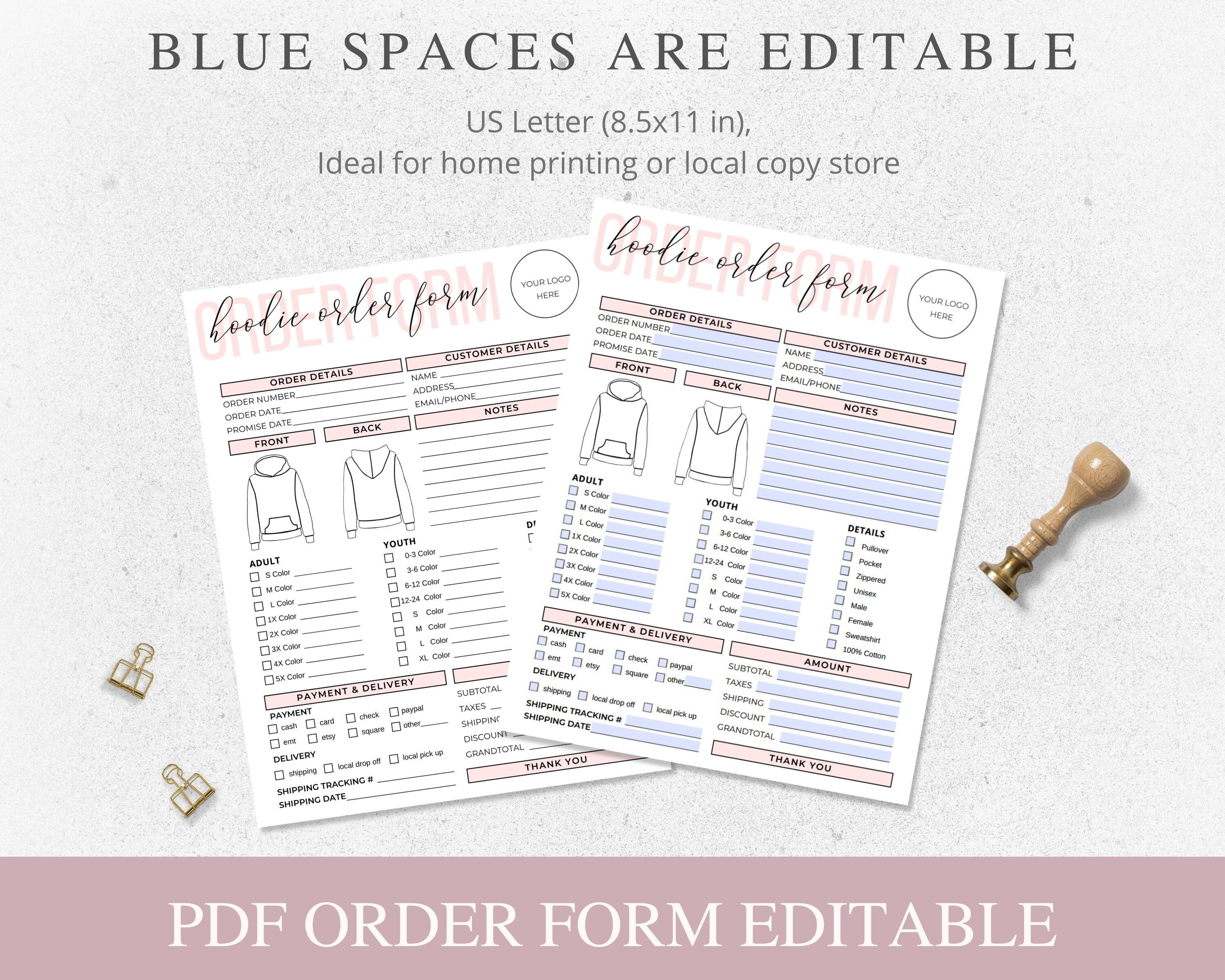 Fillable Hoodie Order Form Editable Printable Shirt Order - Etsy