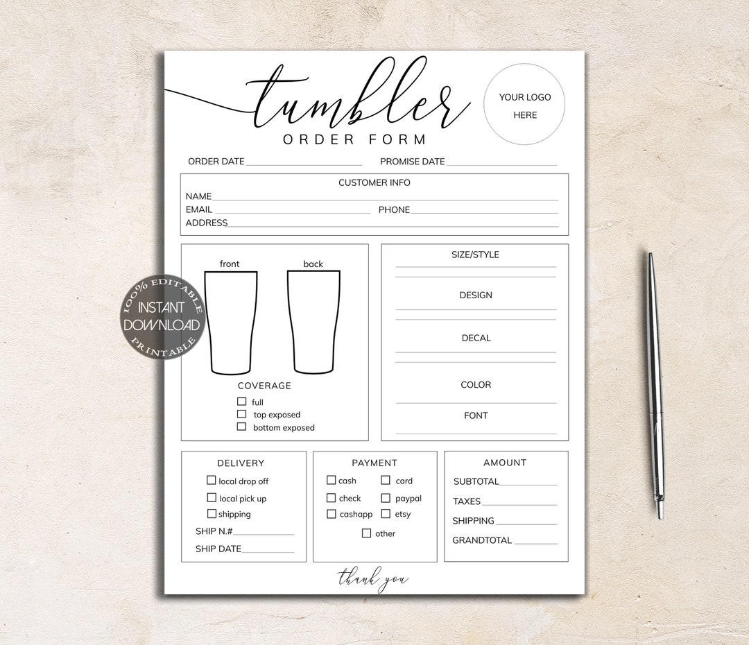 Tumbler Order Form Editable, Custom Order Form Template, Printable ... Tumbler Order Form Editable, Custom Order Form Template, Printable ...