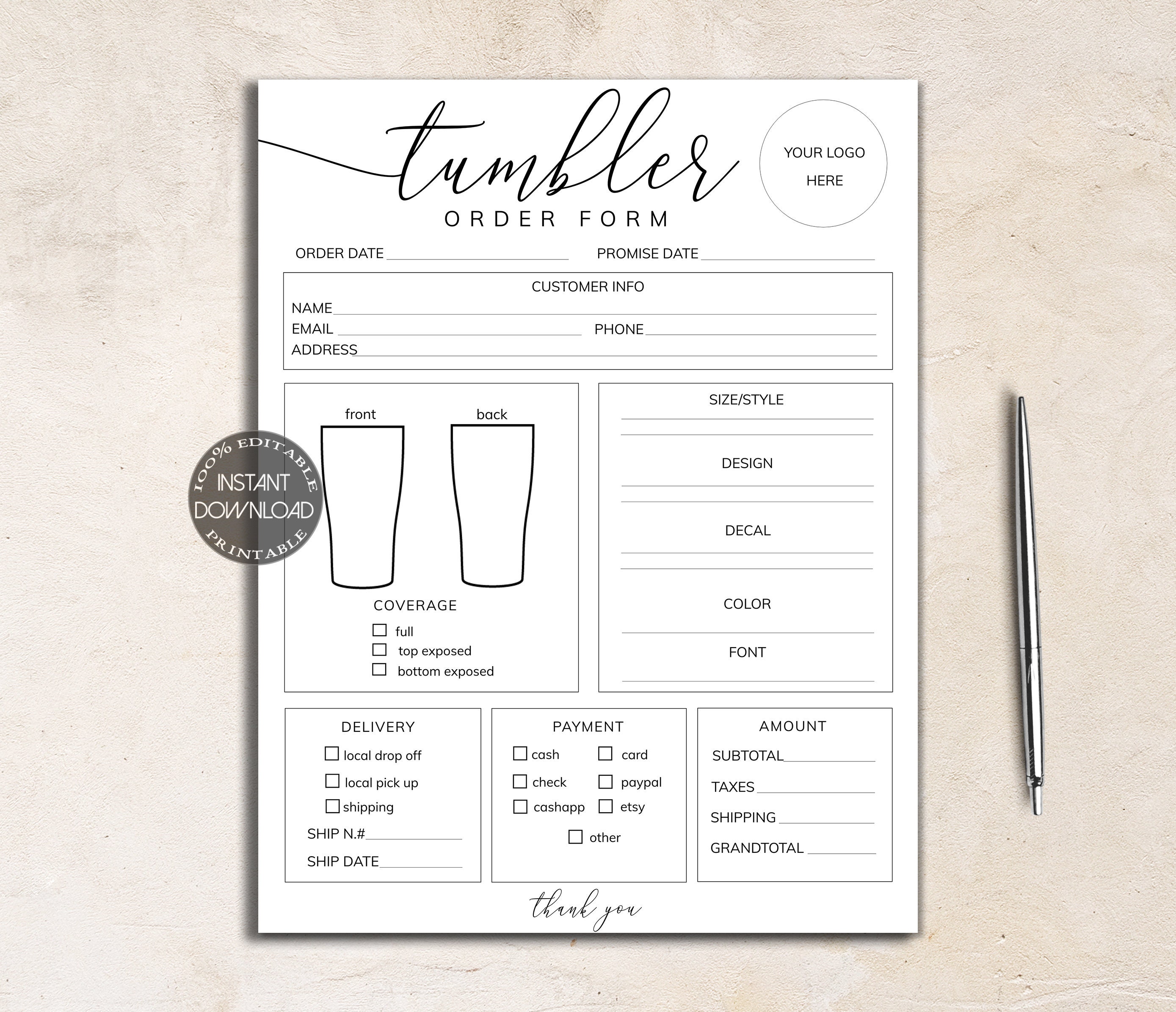 Tumbler Order Form Editable Custom Order Form Template - Etsy