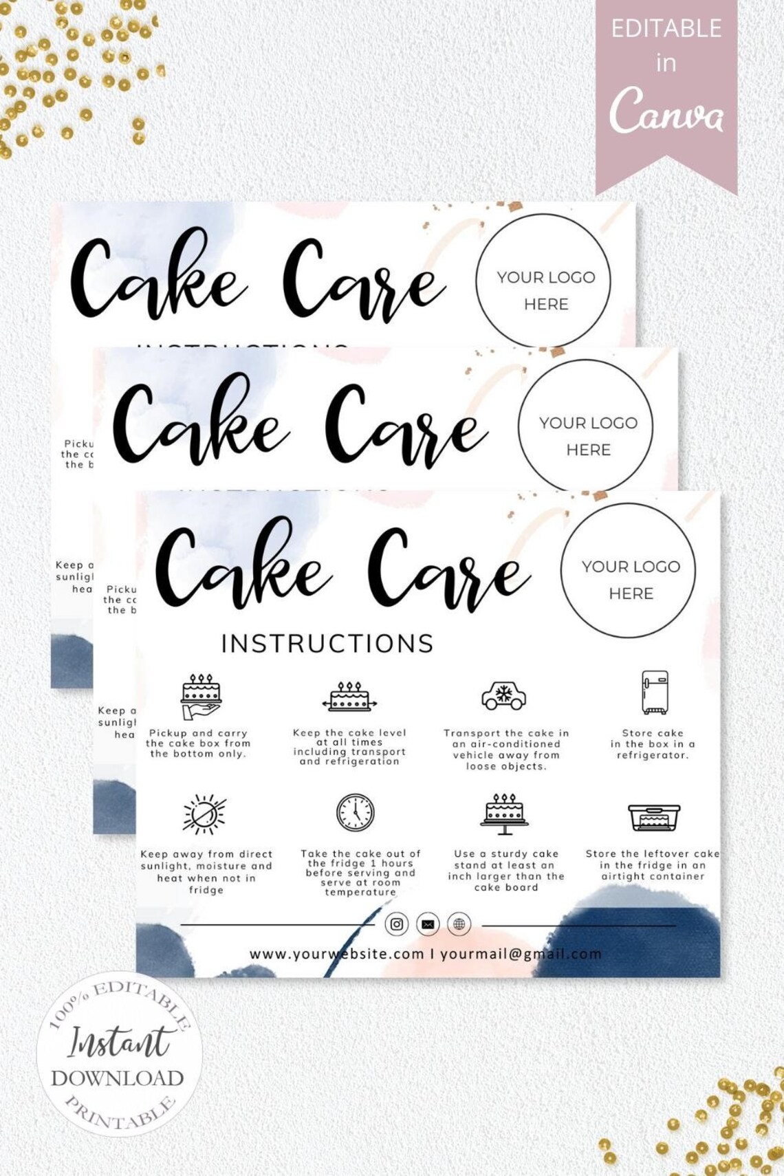 Cake Care Card Template, Canva Editable Wedding Cake Care Cards ...