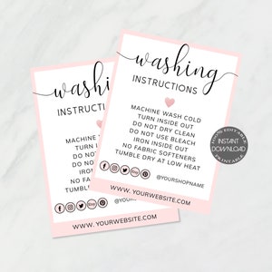 Washing Care Card Printable, Washing Instructions Card Editable, Tshirt ...