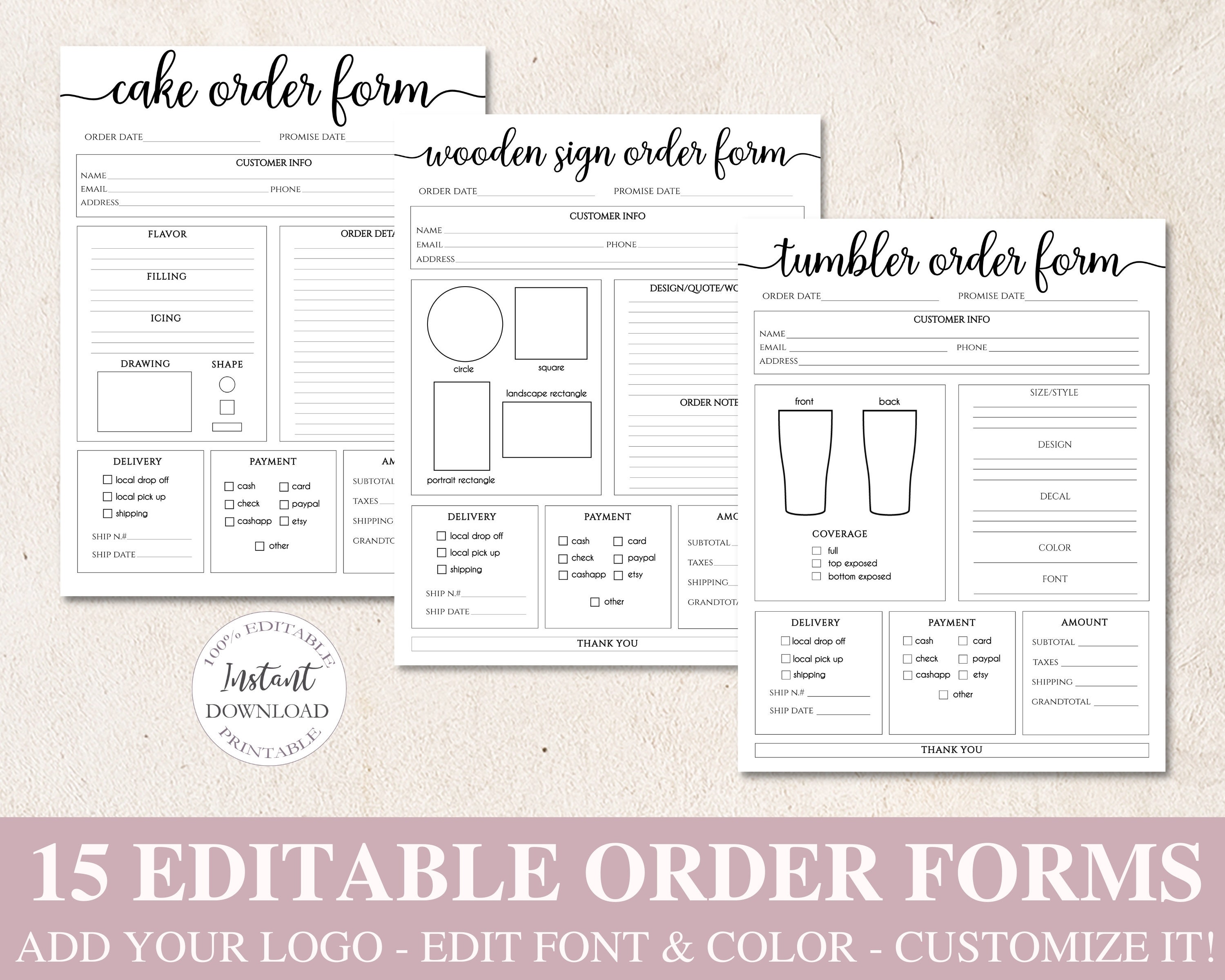 15 Editable Order Forms Bundle, Invoice Tumbler Tshirt Custom Order ...