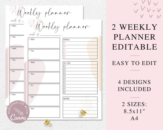 2 Editable Weekly Planner ADHD Planner Printable Canva - Etsy