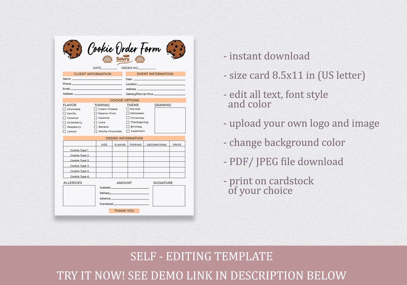 Cookie Order Form Template Bakery Order Form Receipt Small - Etsy