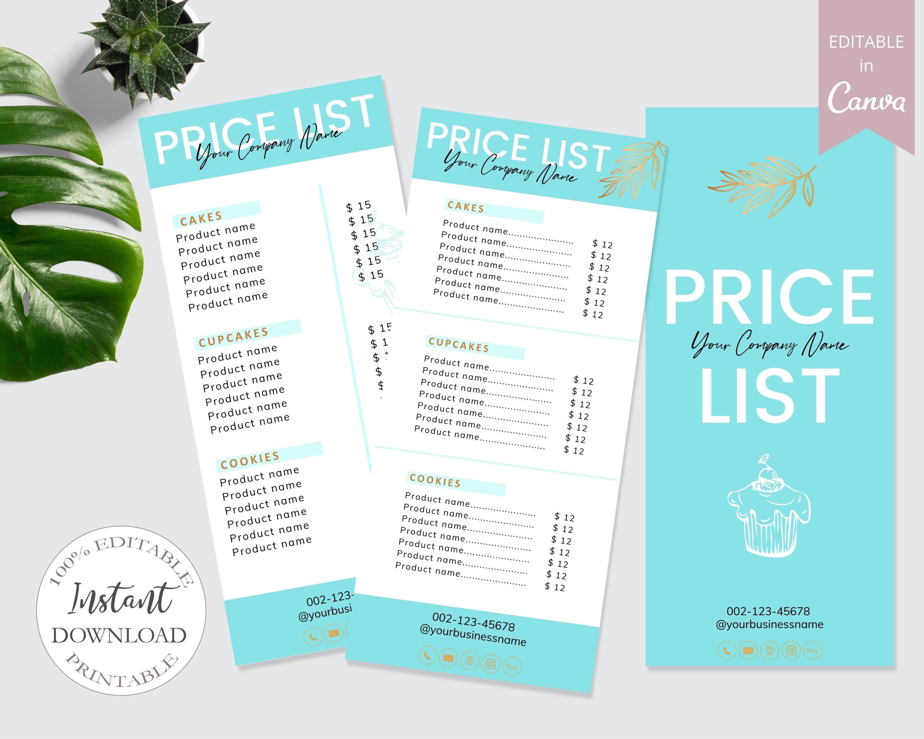 Teal Cake Price List Template Canva Editable Bakery Price - Etsy