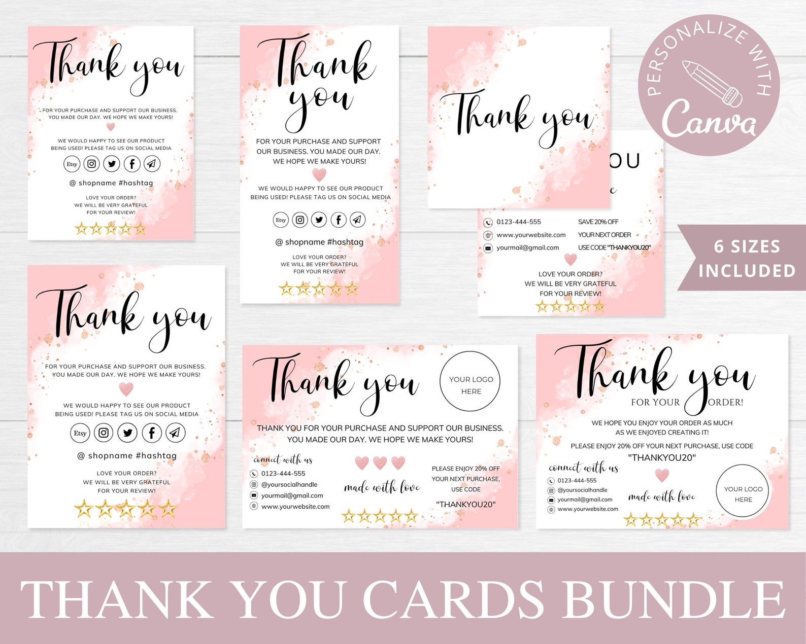 Thank You Card Template Canva Template Editable Thank You - Etsy