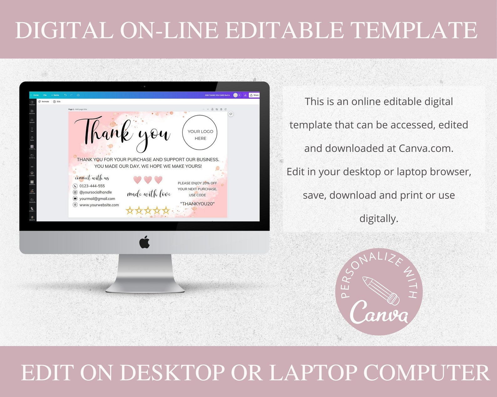 Thank You Card Template Canva Template Editable Thank You - Etsy