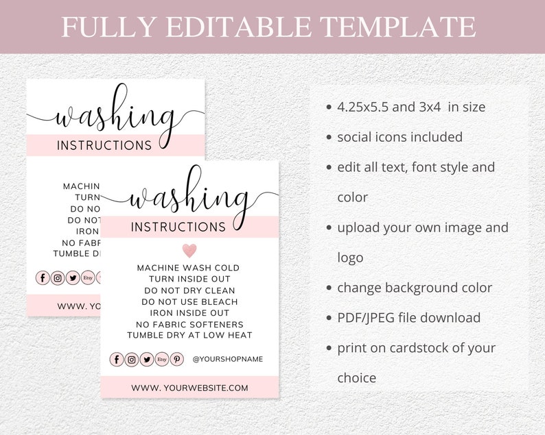 Editable Washing Instructions Card Canva Editable Template - Etsy