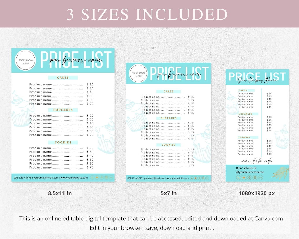 Cake Price List Template, Canva Editable Cupcakes Price List, Cookies ...
