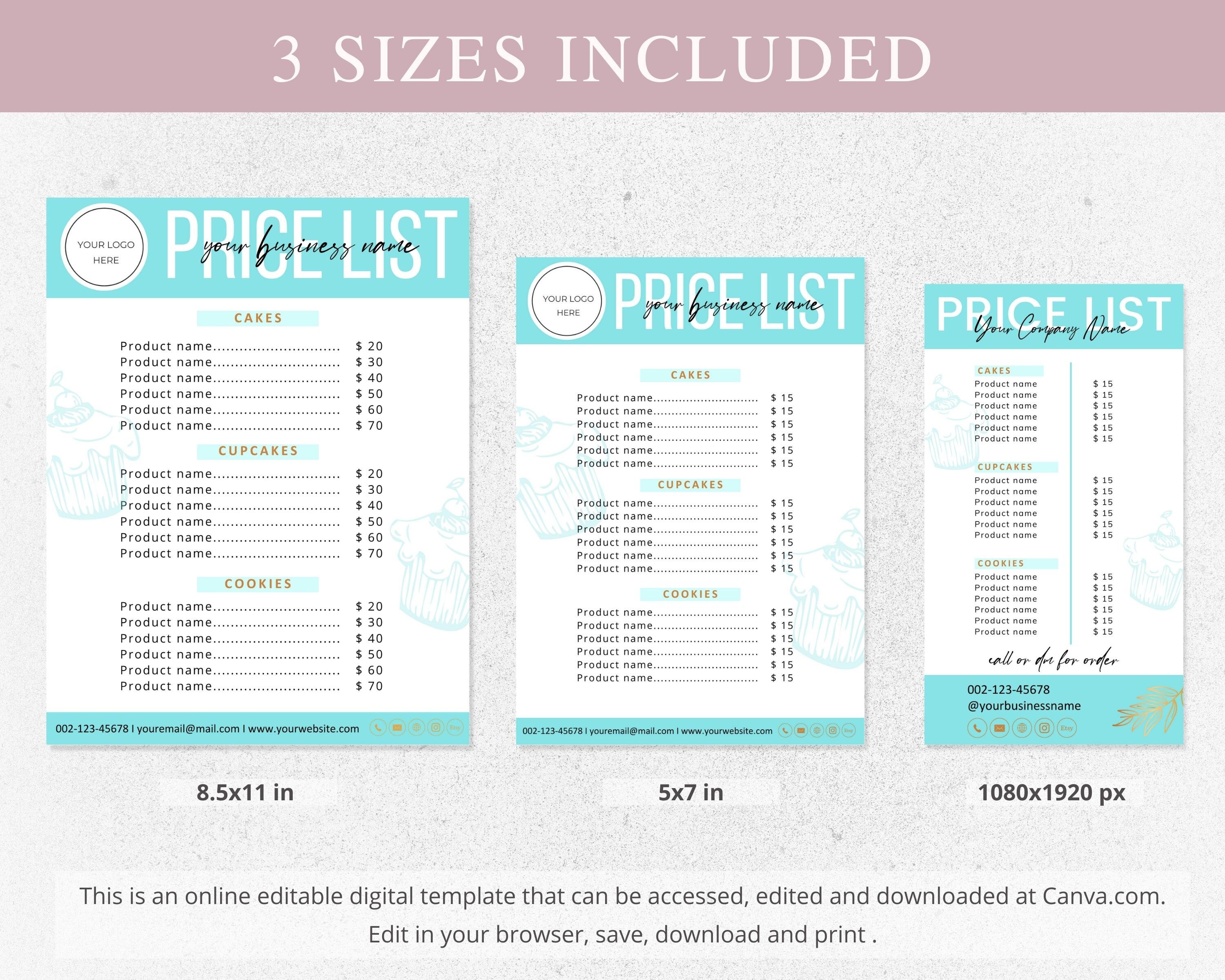 Cake Price List Template, Canva Editable Cupcakes Price List, Cookies ...