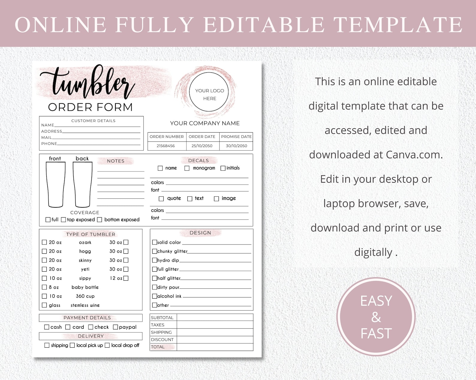 Editable Tumbler Order Form Template Custom Tumbler Form - Etsy