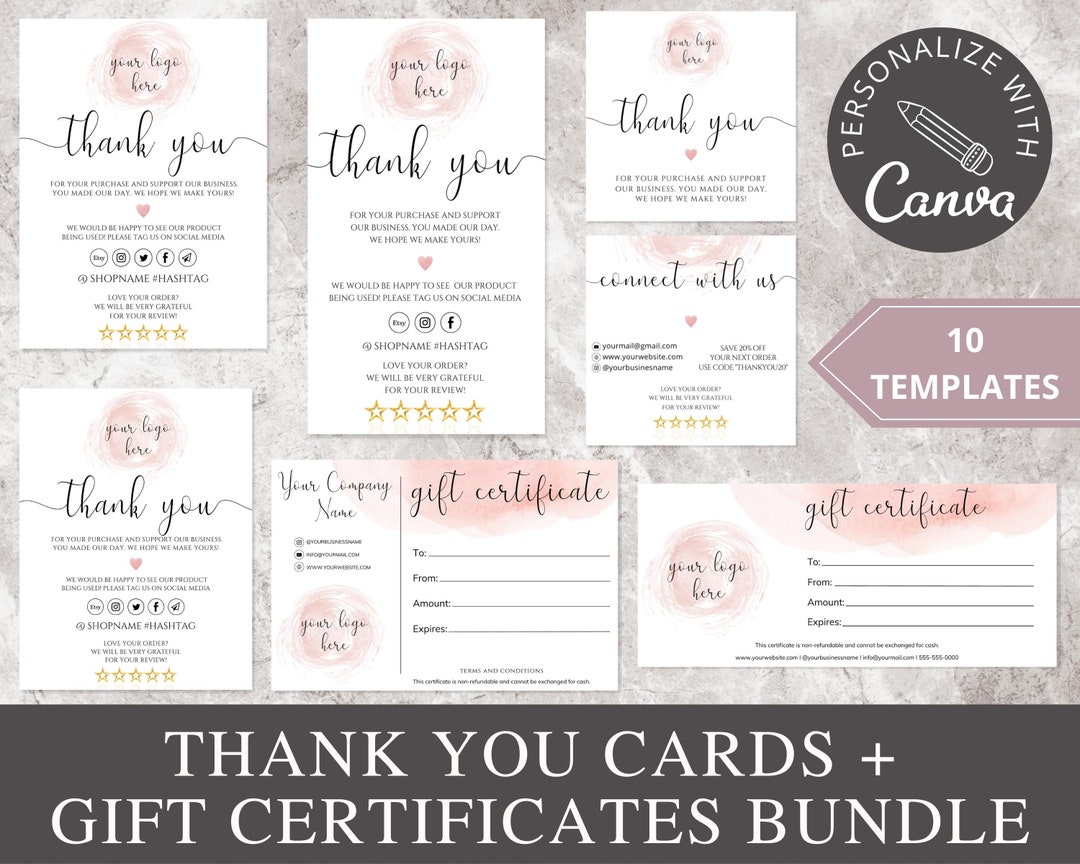 Rose Gold Thank You Cards + Gift Certificate, Editable Canva Template ...