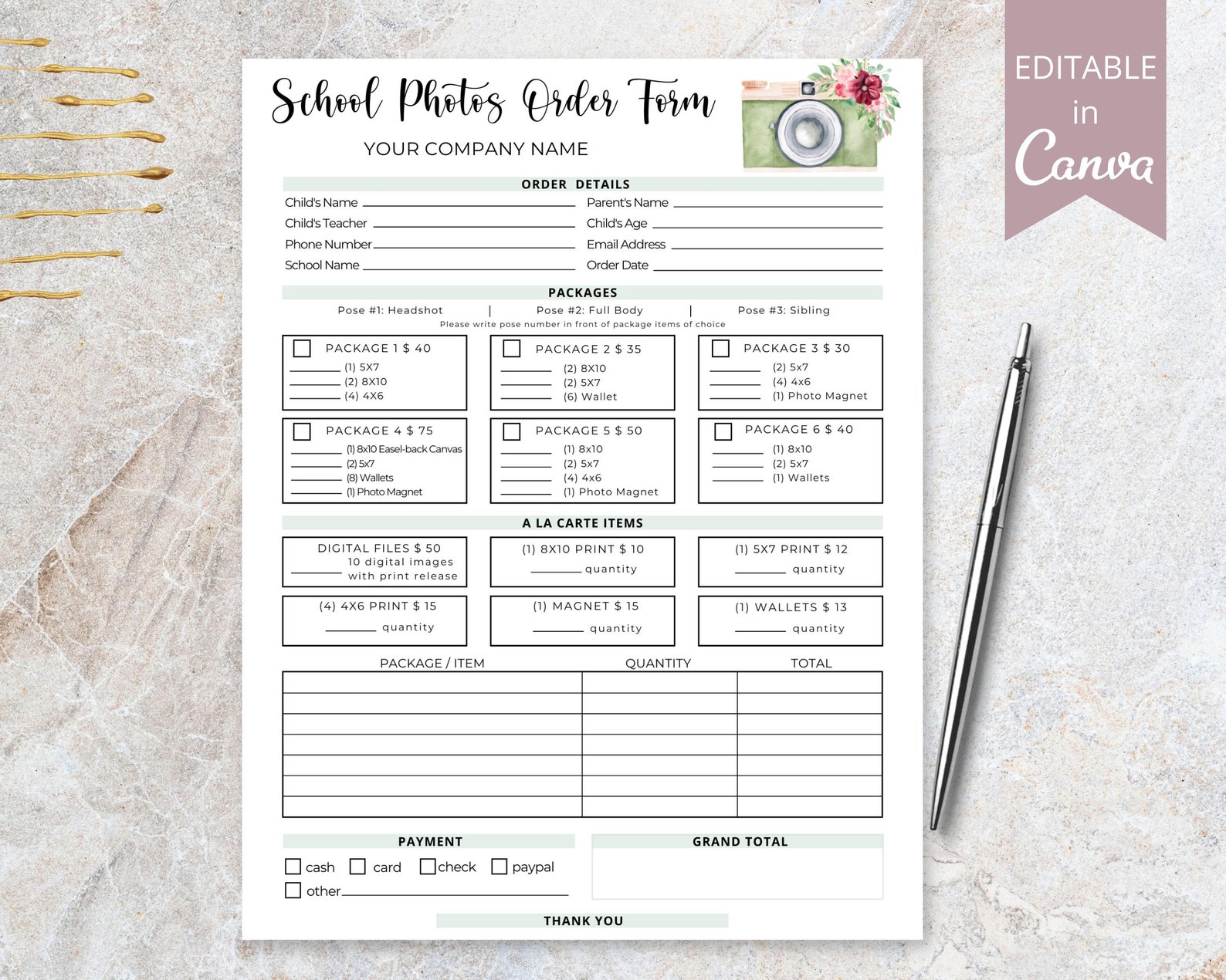 School Photography Preschool Photos Order Form Printable - Etsy