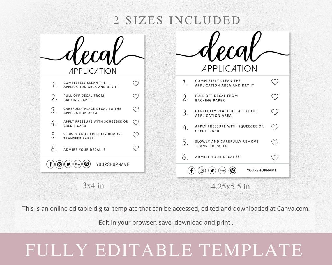 Decal Instructions Template Printable Decal Application Care - Etsy