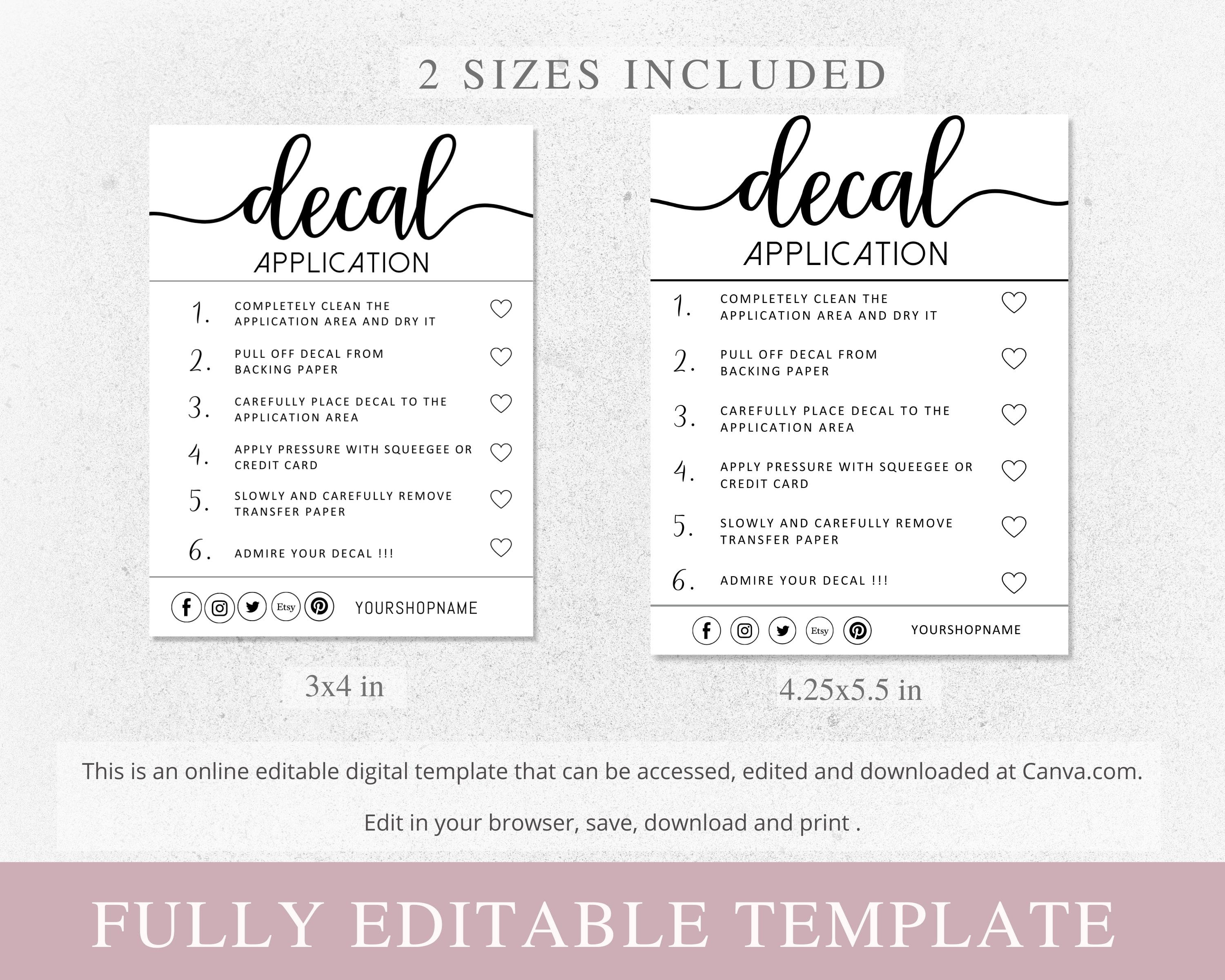 Decal Instructions Template Printable Decal Application Care - Etsy Canada