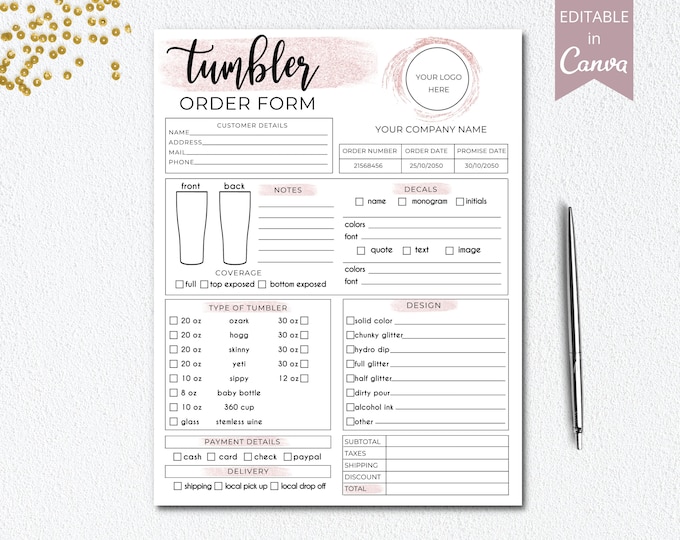Invoice Template Editable, Small Business Custom Order Form Printable ...