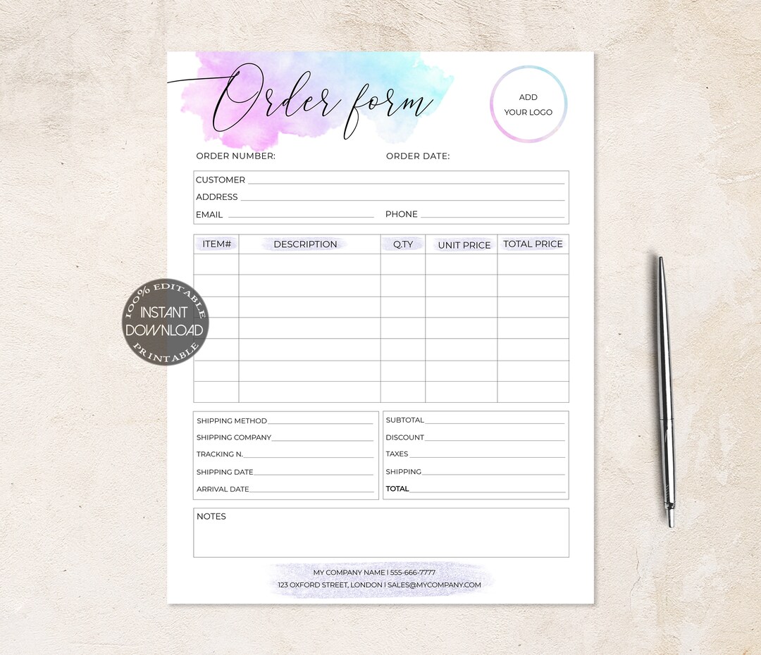 Editable Order Form Template, Custom Order Form, Printable Invoice Form ...