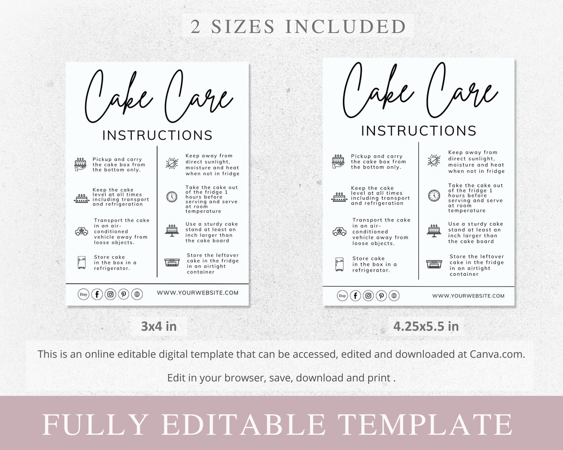 Cake Care Card Editable Template Wedding Cake Care Cards - Etsy